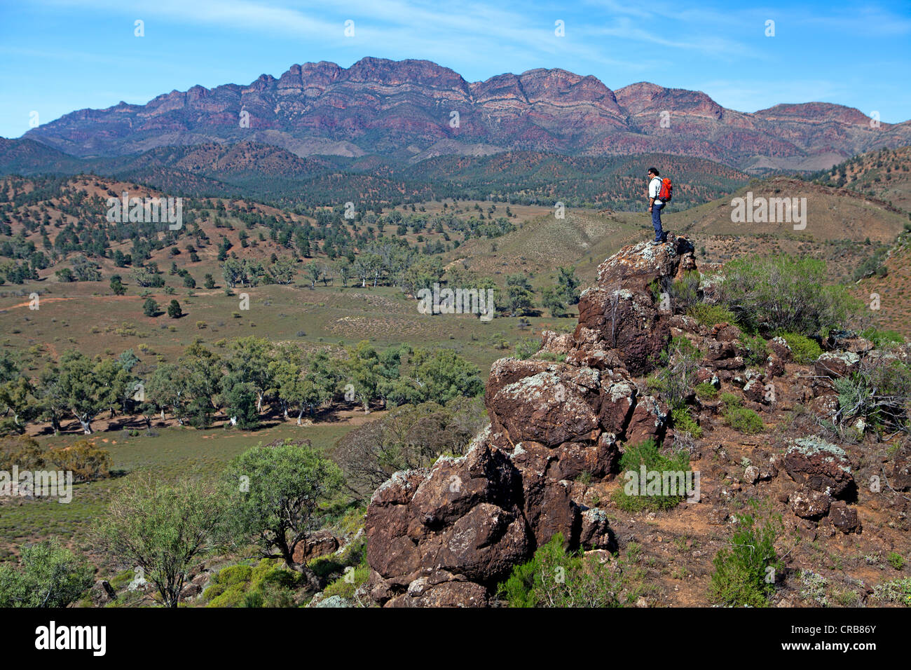 Hiker on Arkaba Station in South Australia's Flinders Ranges, with the ...