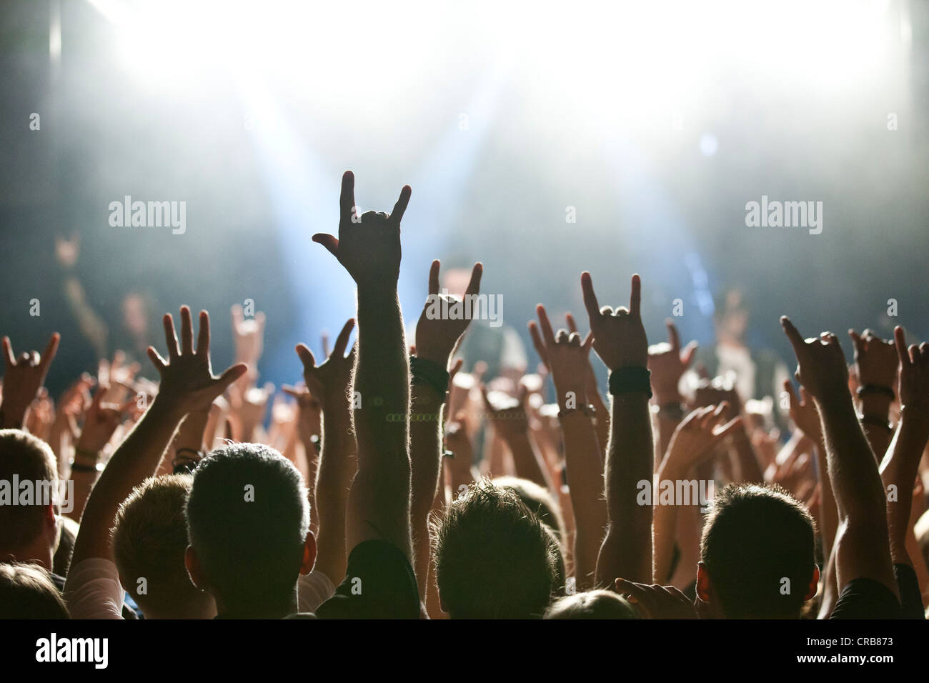 Rocker greeting from fans at rock concert Stock Photo - Alamy