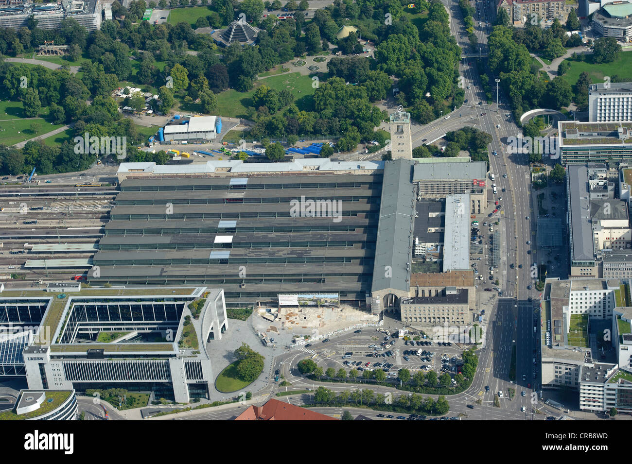Aerial view, main station with station tower and the railway tracks ...