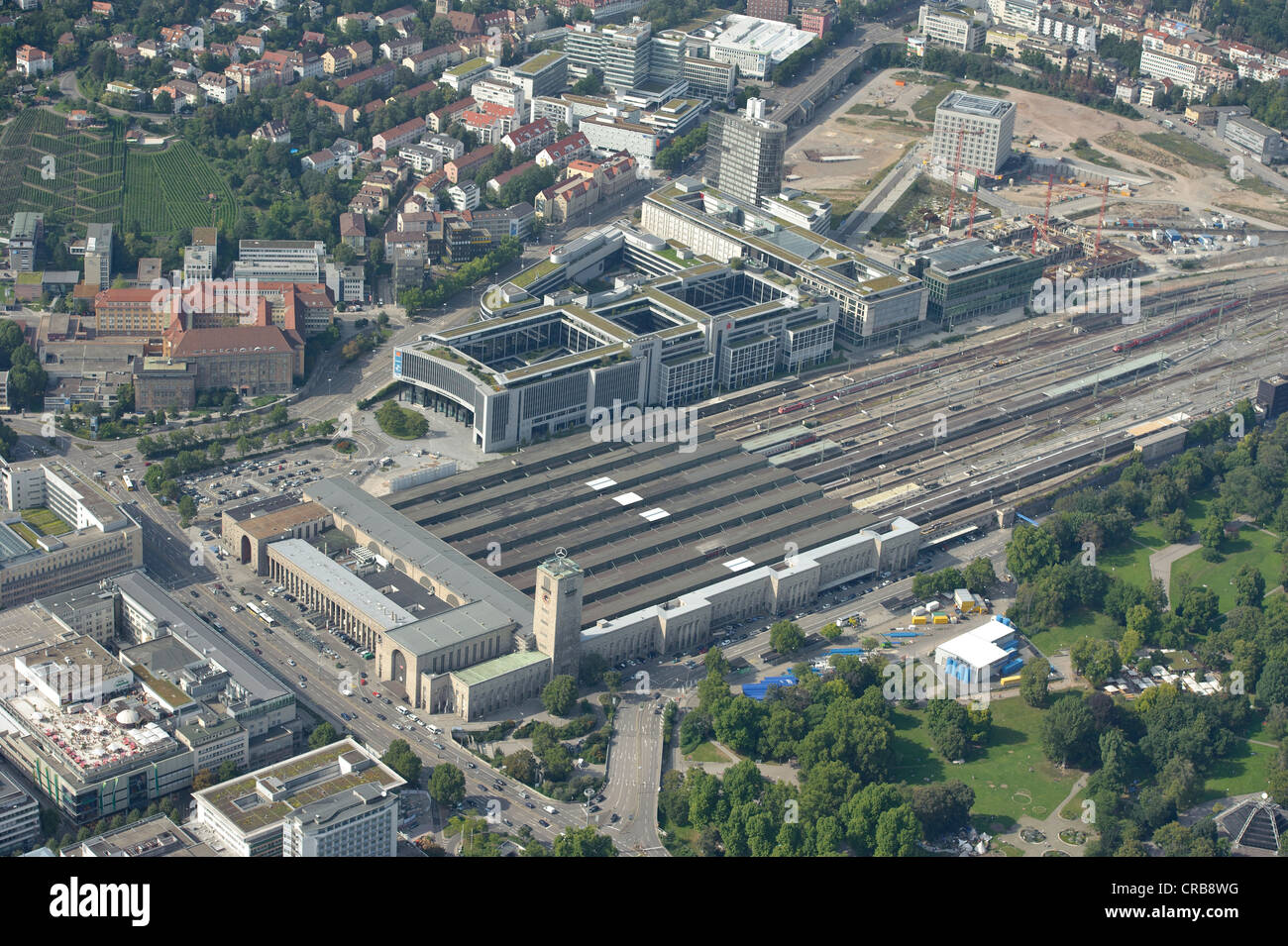Aerial view, main station with station tower and the railway tracks ...