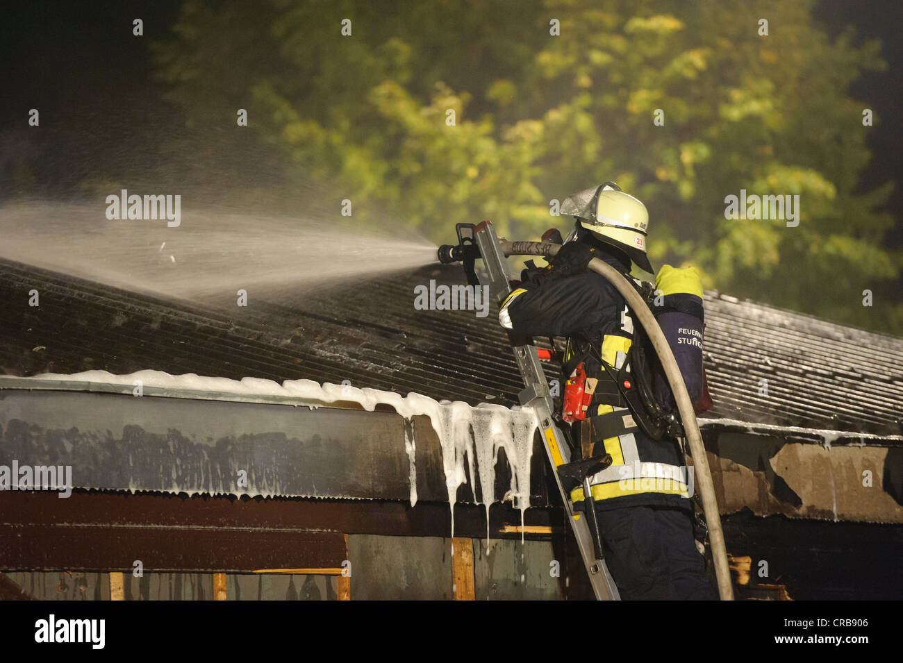 Fireman of the fire department during a fire fighting operation ...