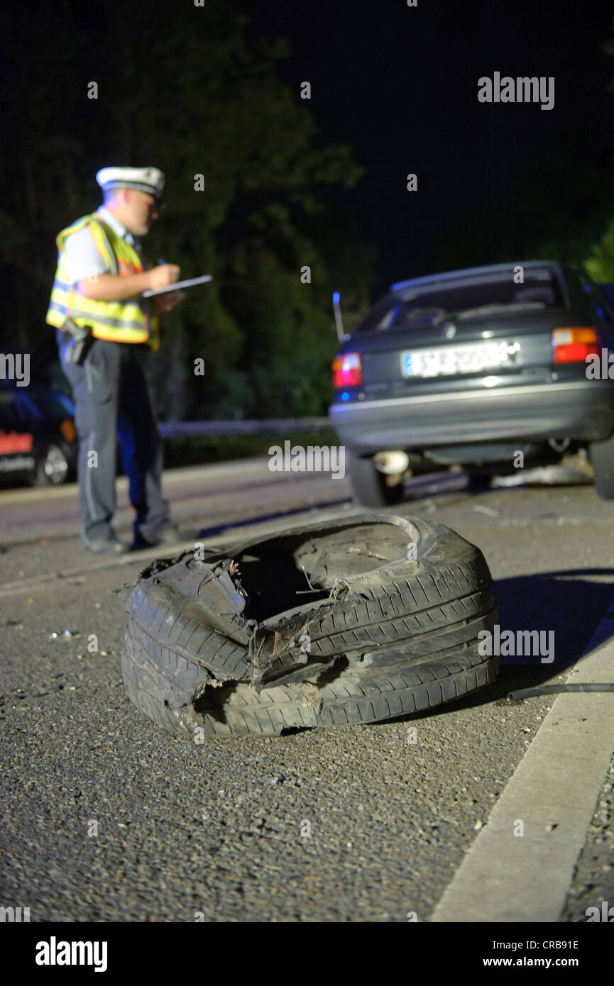 Crash site, a torn off wheel with the wheel suspension, Remseck, Baden ...