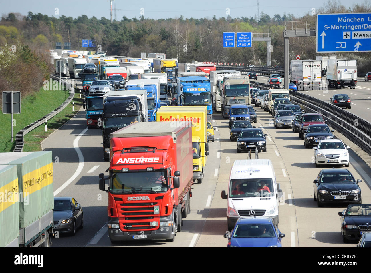 Traffic jam after a truck accident on the A8 Autobahn, motorway, near ...