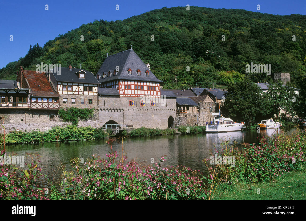 Town hall and city walls, Dausenau on the Lahn river, Westerwald ...