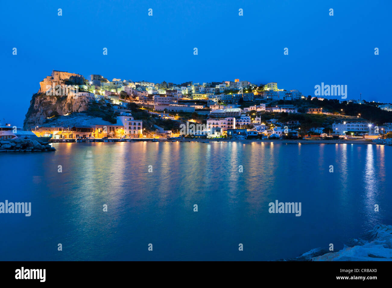 View of Peschici at night, province of Foggia, Apulia, Puglia, Gargano ...