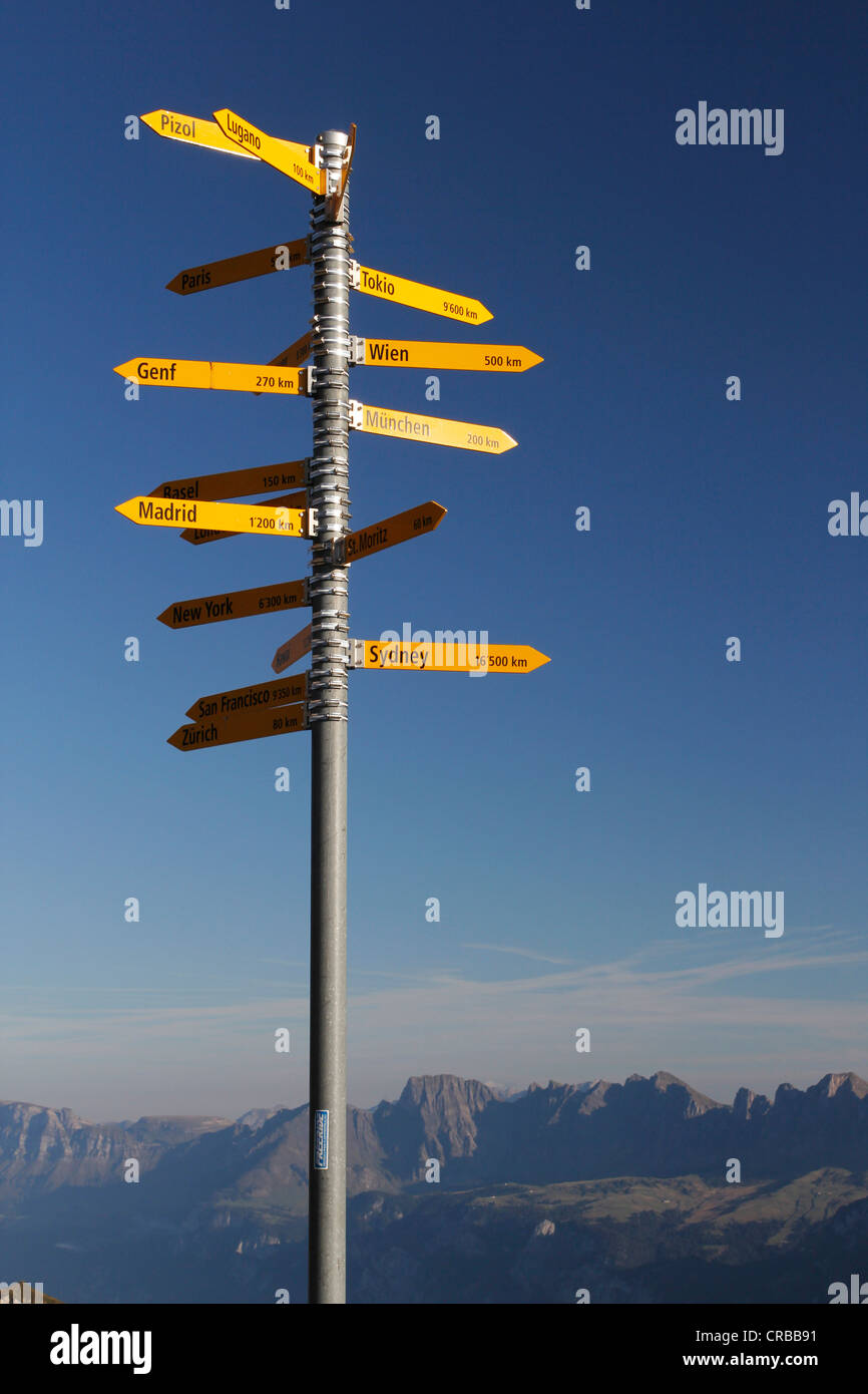 Signpost with distances to foreign countries, Pizol, Canton of St ...