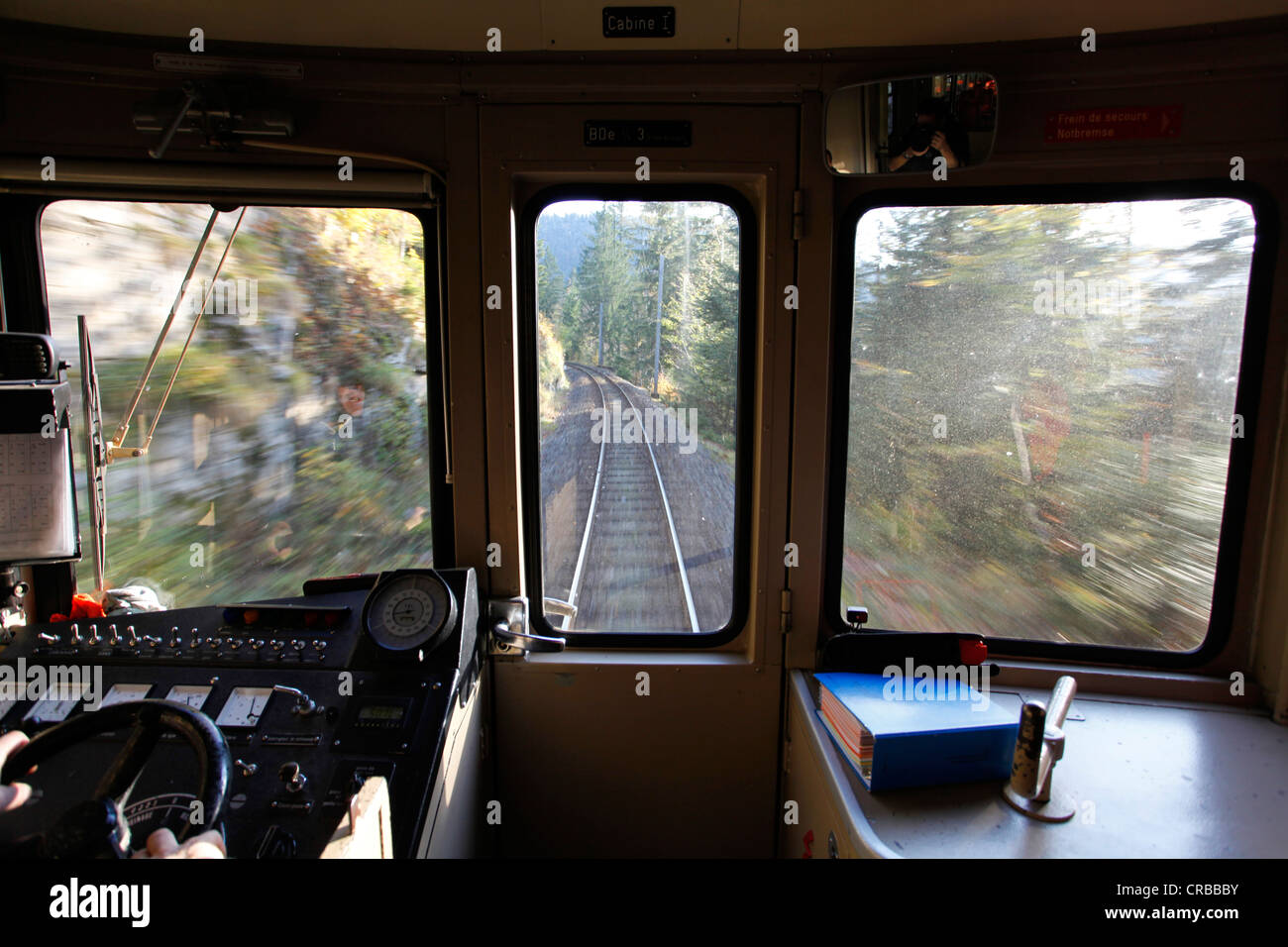 Inside the narrow gauge railway Les Brenets, Le Locle, Neuchatel ...