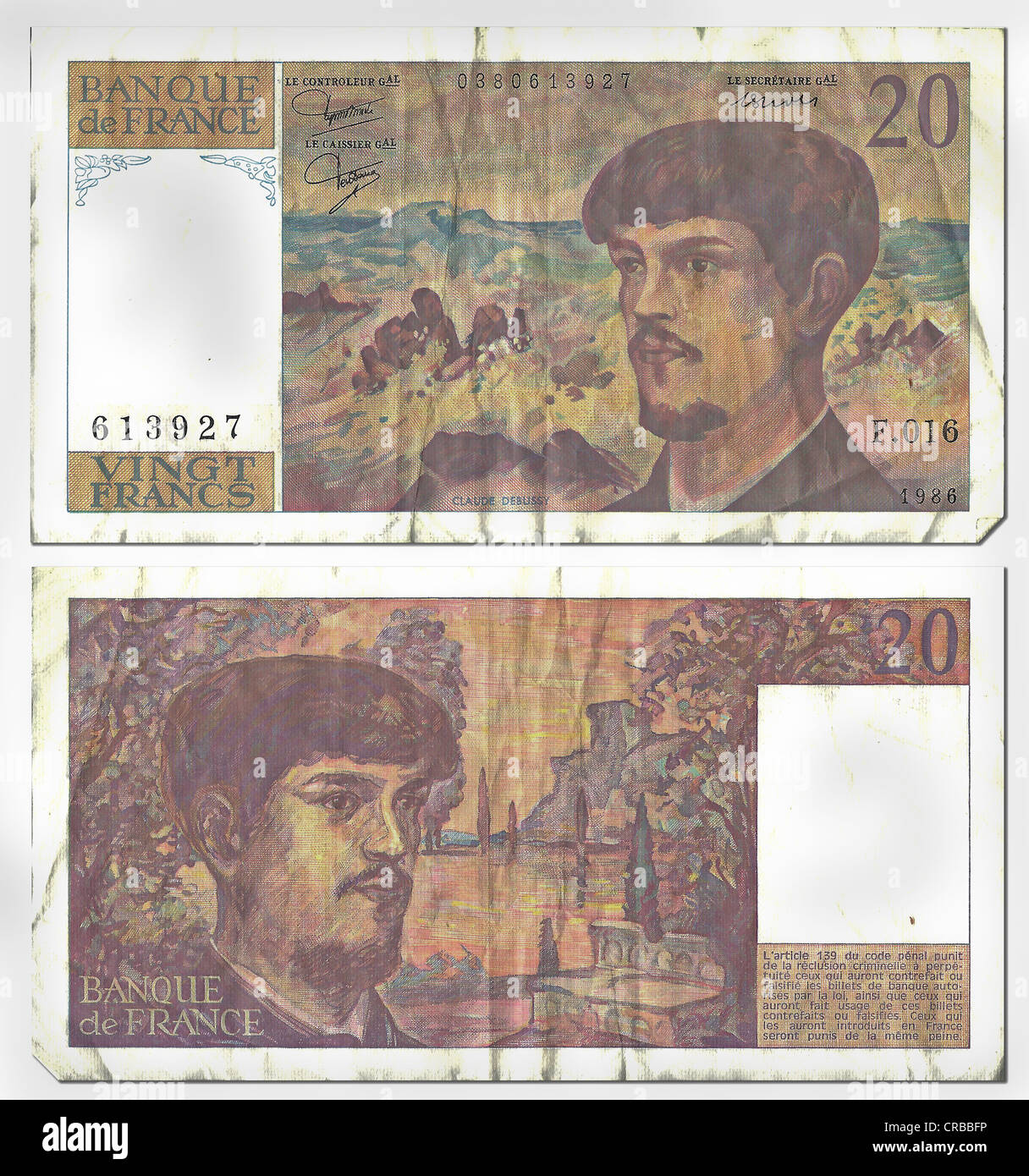 Historic banknote, front and back, 20 francs, France, Banque de France ...