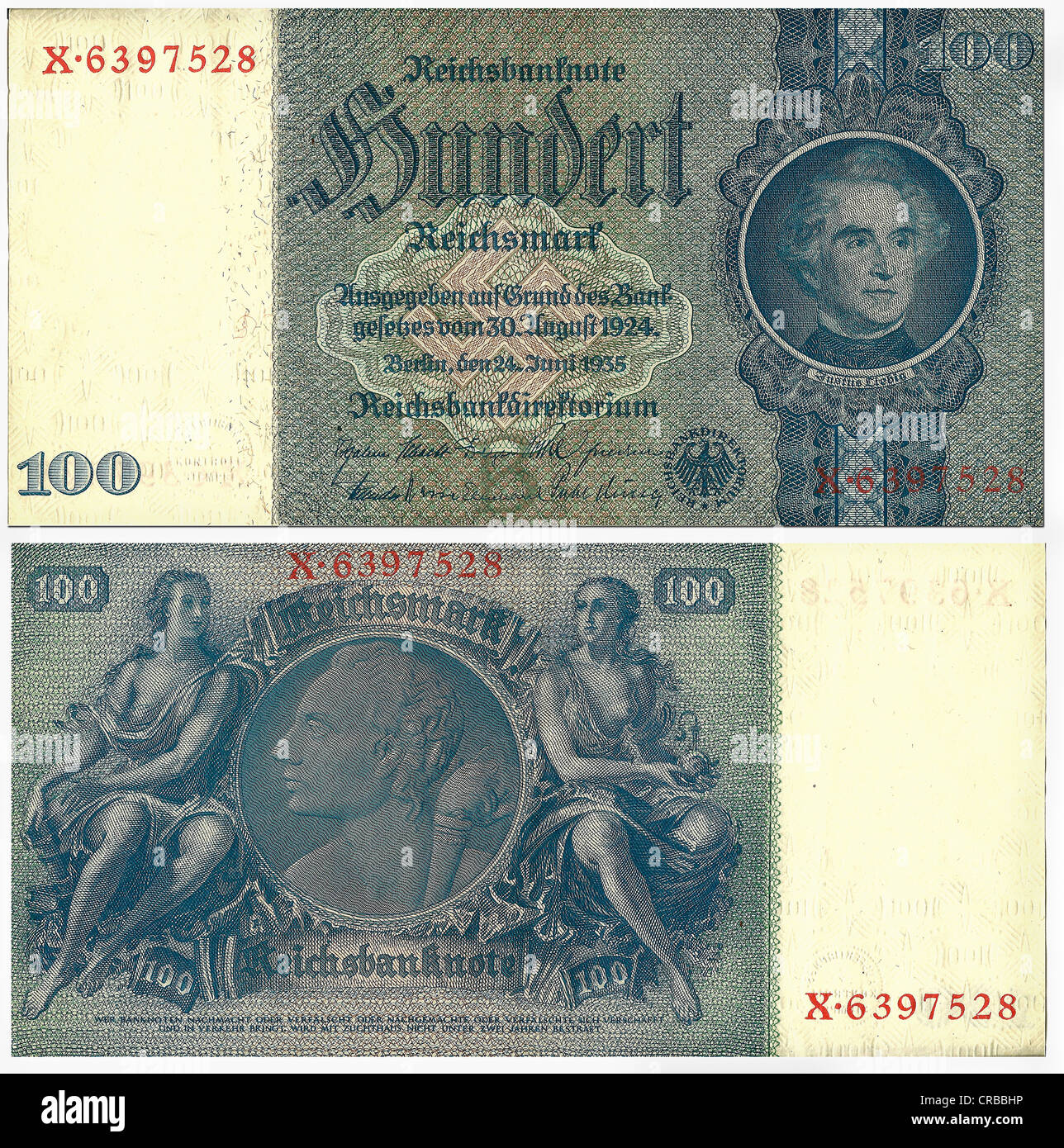 Old banknote, front and rear, Reichsbanknote, 100 reichsmark ...