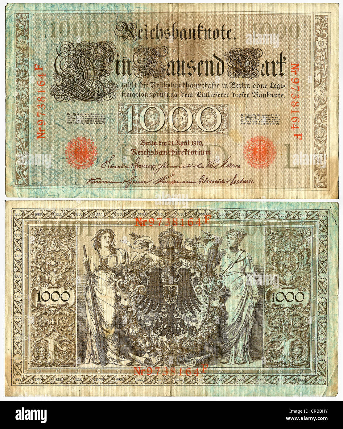 Old banknote, front and rear, Reichsbanknote, 1000 reichsmark ...