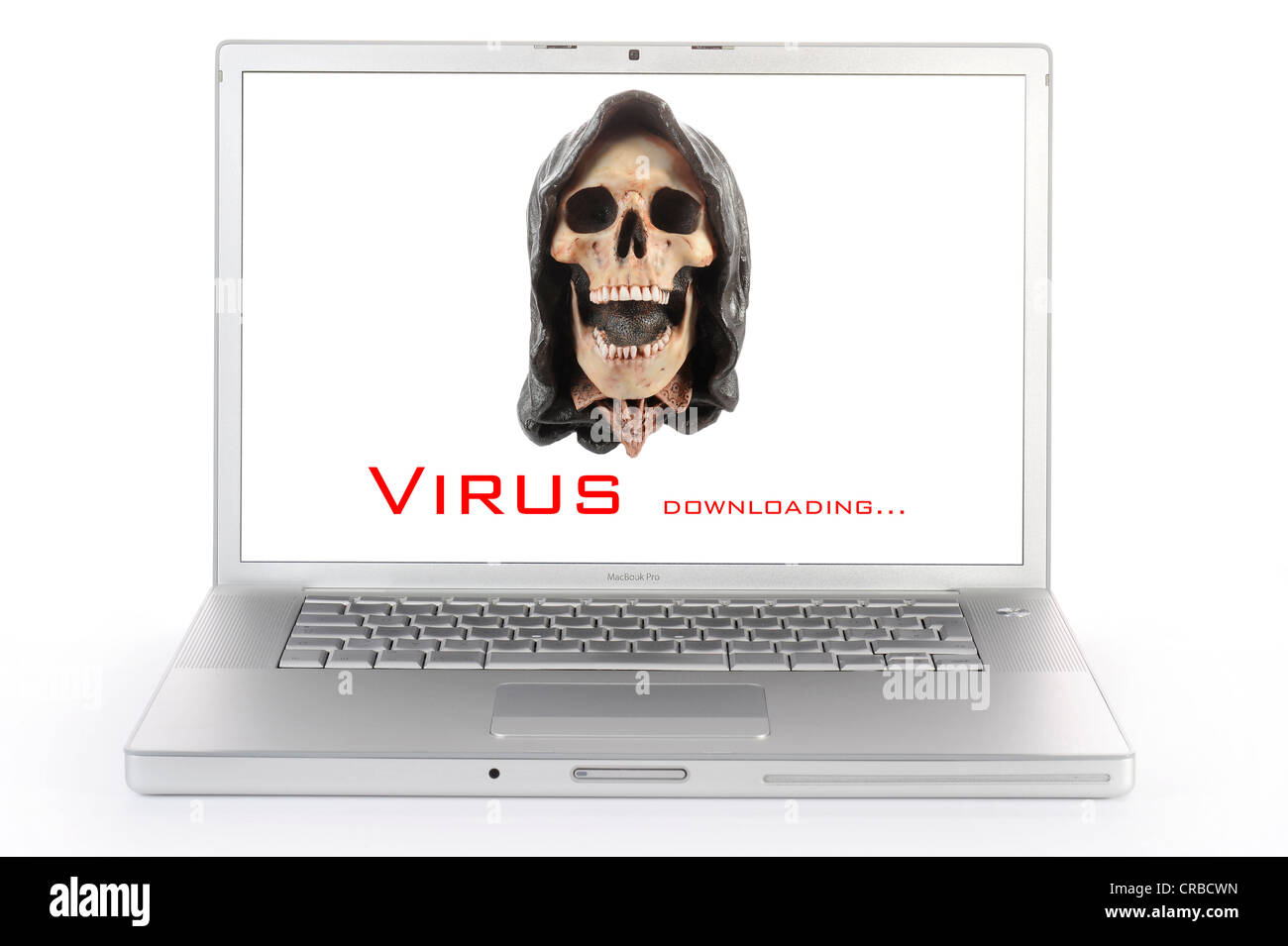 Laptop computer, skull, lettering "Virus", symbolic image for virus ...