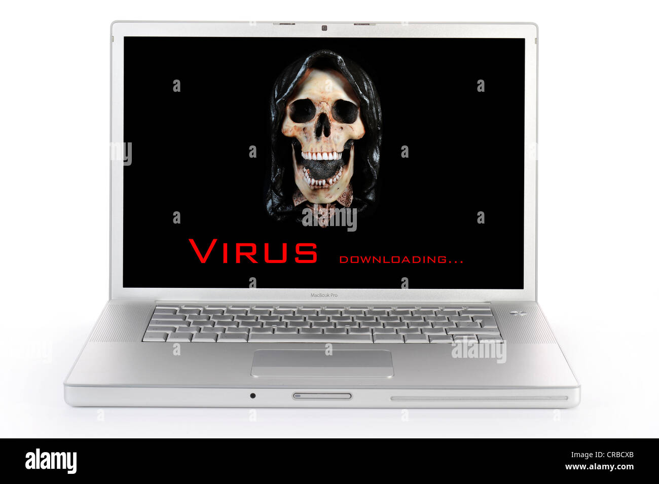 Laptop computer, skull, lettering "Virus", symbolic image for virus ...