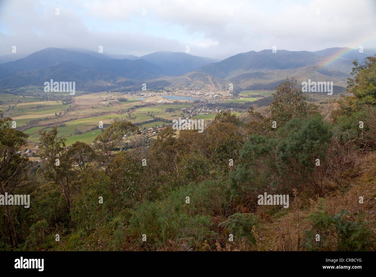 View over the Kiewa Valley and the town of Mount Beauty to Mount Bogong ...