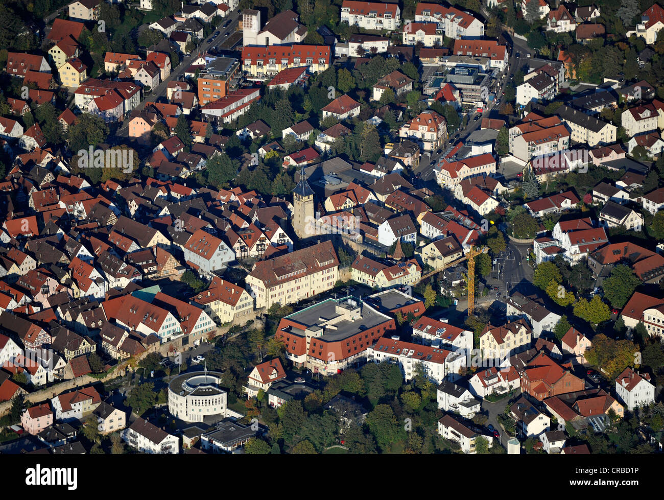 Aerial view, Marbach am Neckar, Oberer Torturm tower, Marktstrasse ...