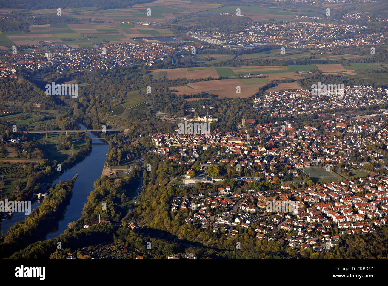 Aerial view, Marbach am Neckar, Neckar river loop, Baden-Wuerttemberg ...