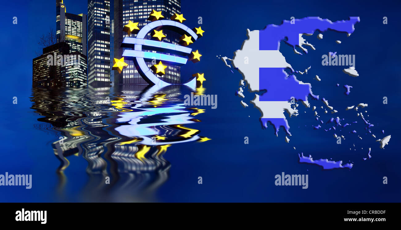 Symbolic image for a sinking euro, Greece, Greek flag, euro sign, ECB ...