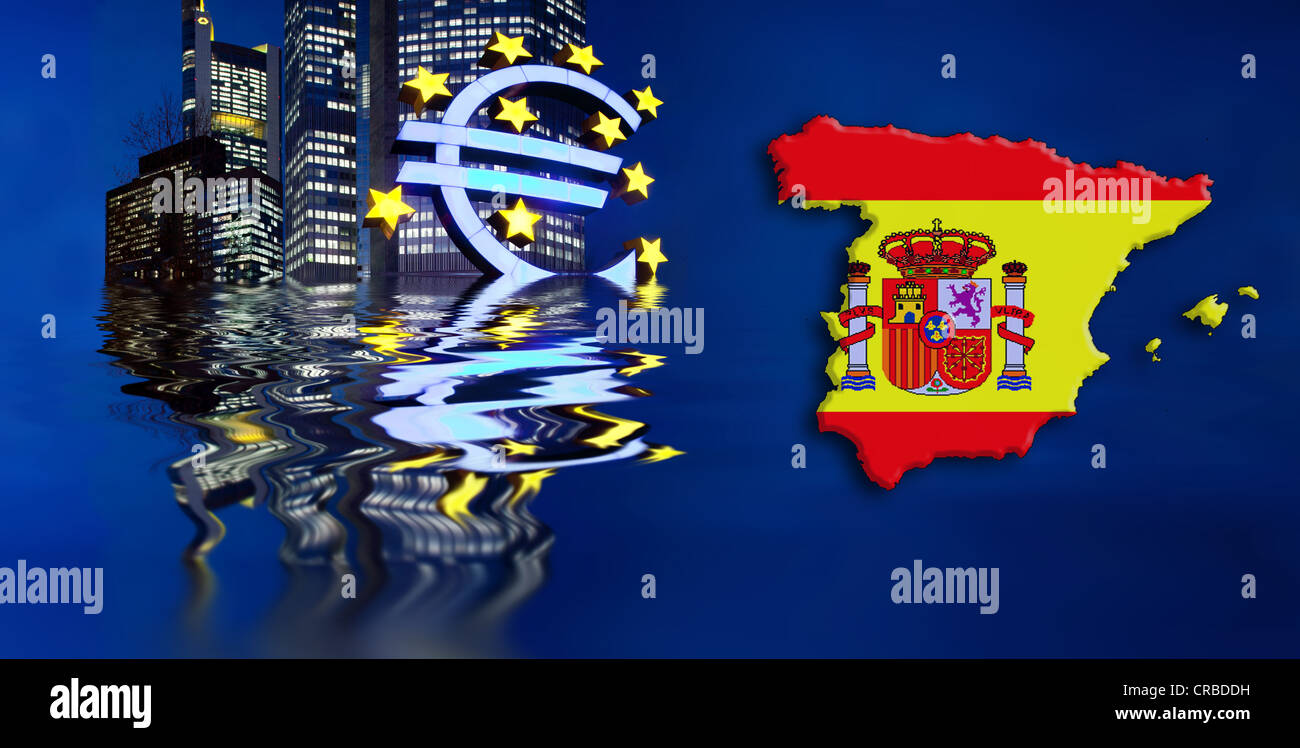 Symbolic image for a sinking euro, Spain, Spanish flag, euro sign, ECB ...