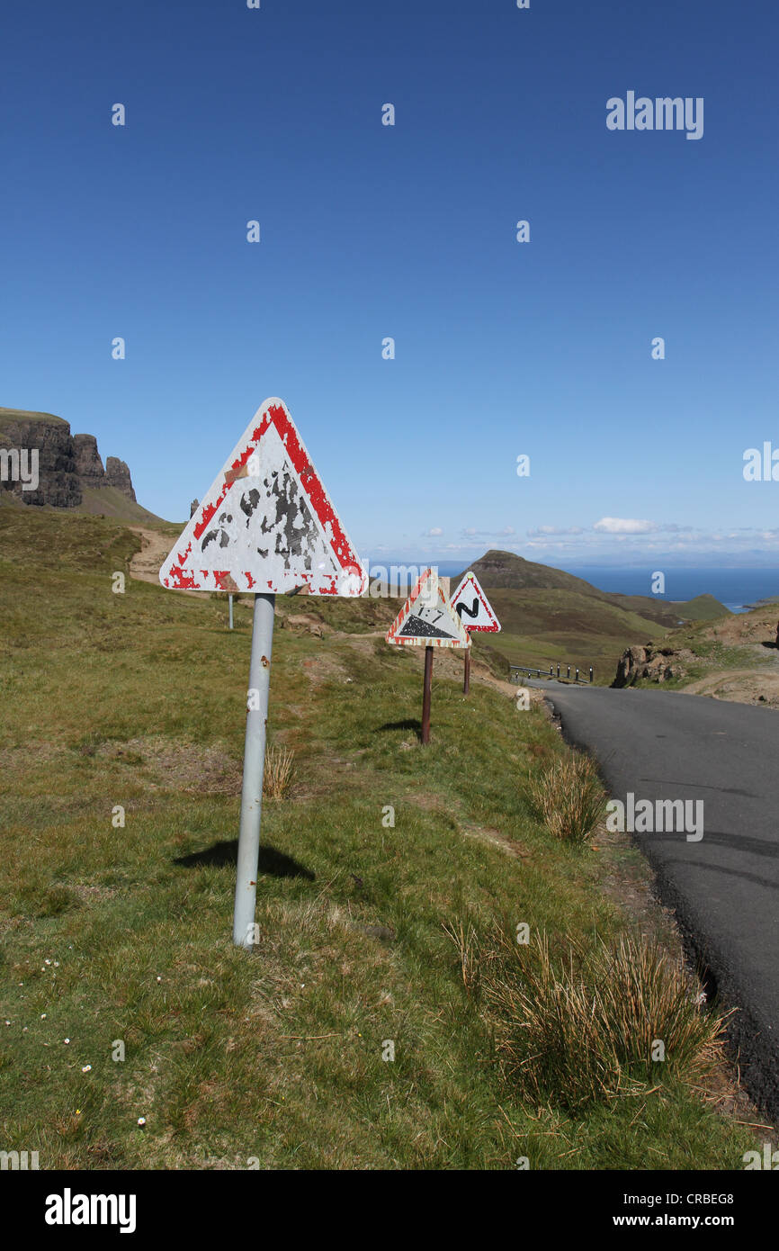 Weathered warning signs Quiraing Isle of Skye Scotland June 2012 Stock ...