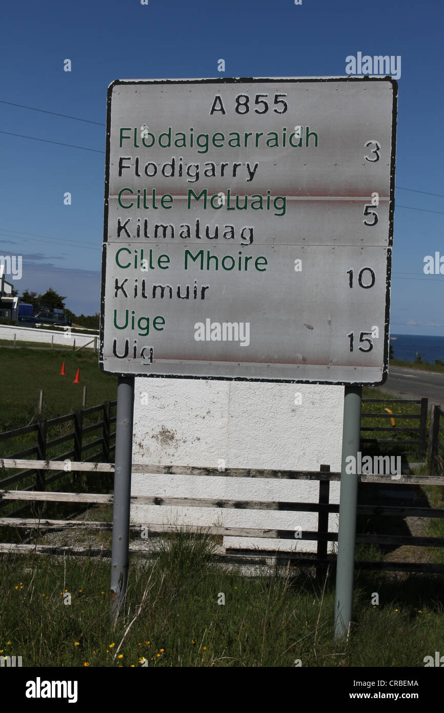 Bilingual mileage sign near Staffin Isle of Skye Scotland June 2012 ...