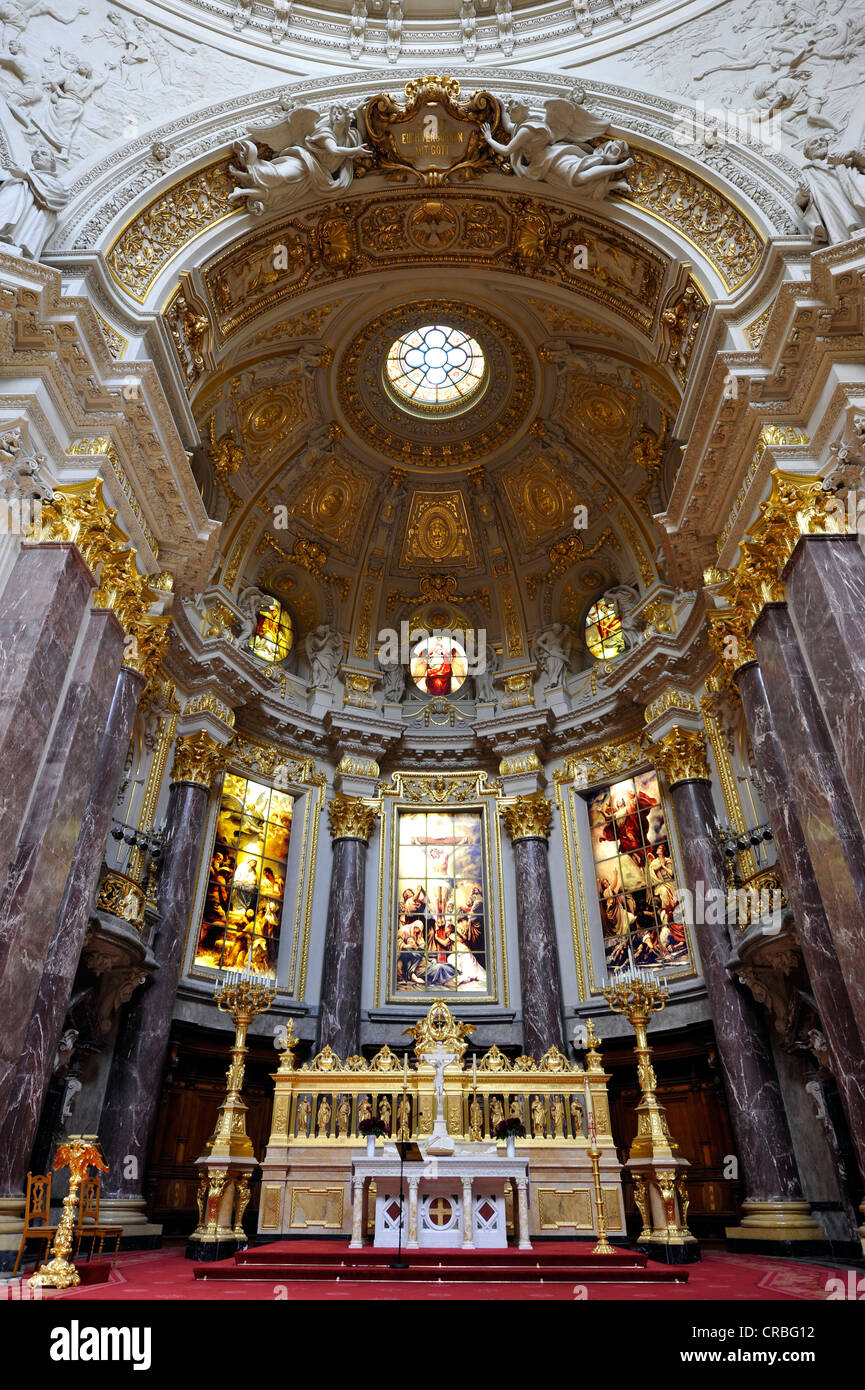Interior, altar, historic dome, Berlin Cathedral, Supreme Parish and ...