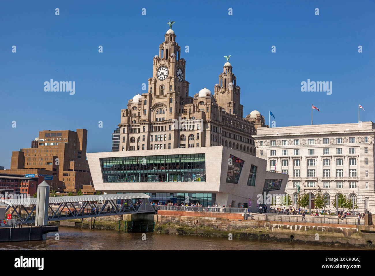 Liverpool pierhead waterfront with landing stage and Liver building ...