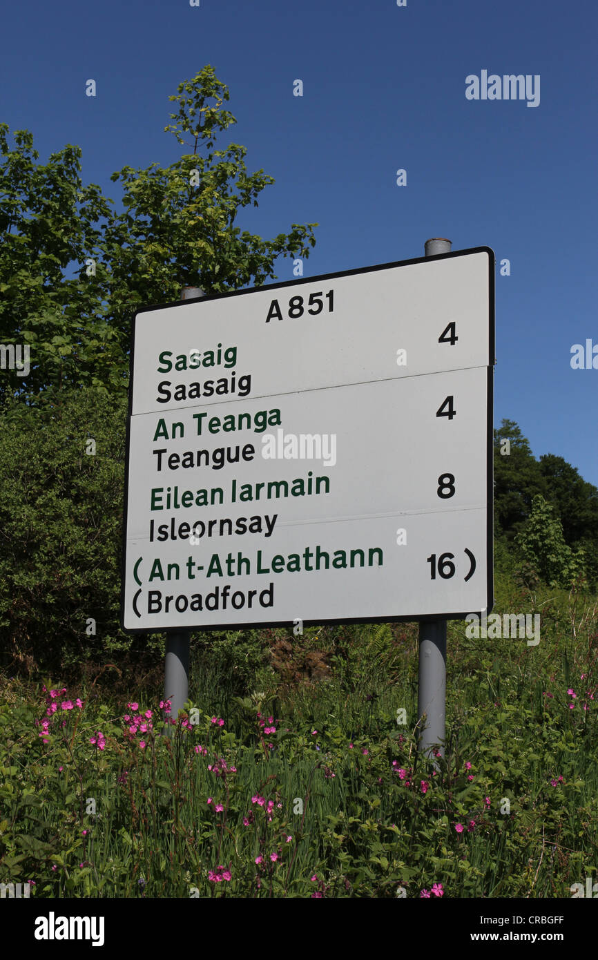 Bilingual Mileage sign near Armadale Isle of Skye Scotland June 2012 ...