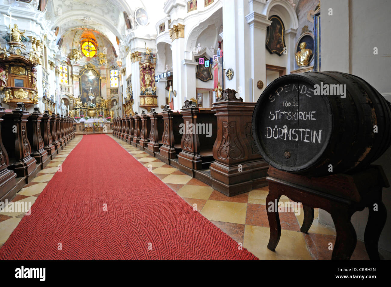 Wine barrel for donations, high altar with the high altar painting ...