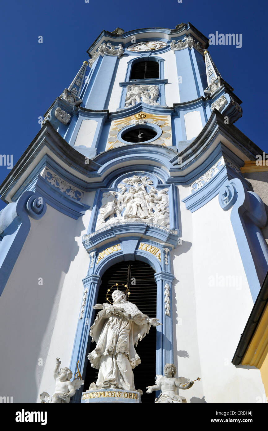 Blue steeple of the abbey church, Augustinian monastery, Duernstein ...