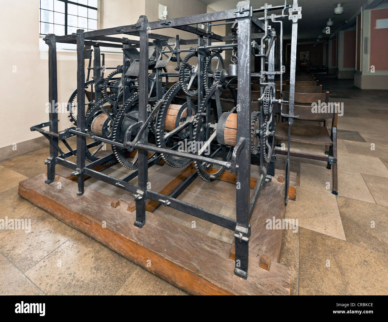 Clockwork of a church clock in the parish church of St Moritz, Coburg ...