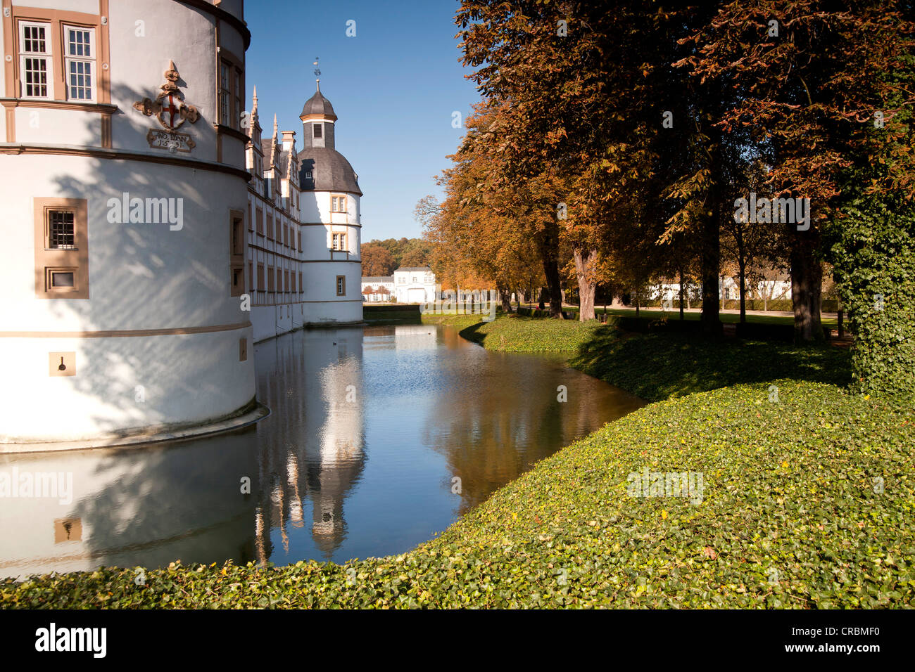 Moat around Schloss Neuhaus castle, an outstanding Weser-Renaissance ...