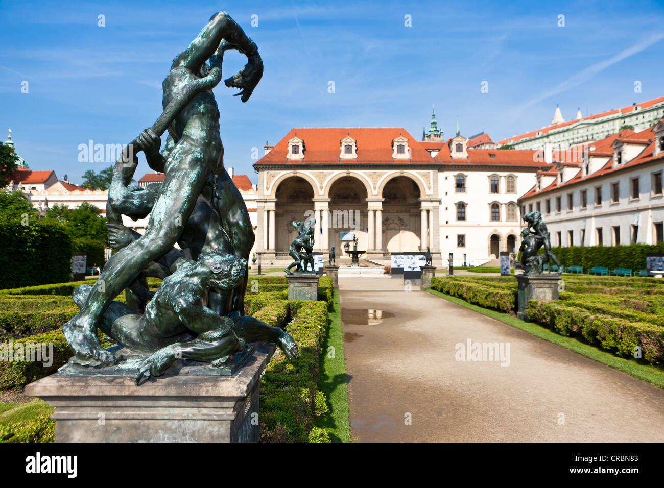 Wallenstein Palace and the castle garden, row of bronze statues ...