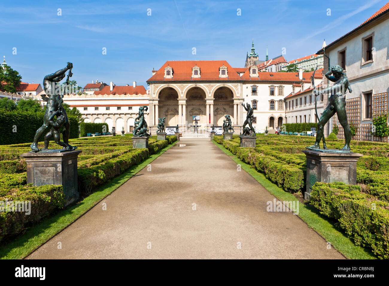 Wallenstein Palace and the castle garden, row of bronze statues ...