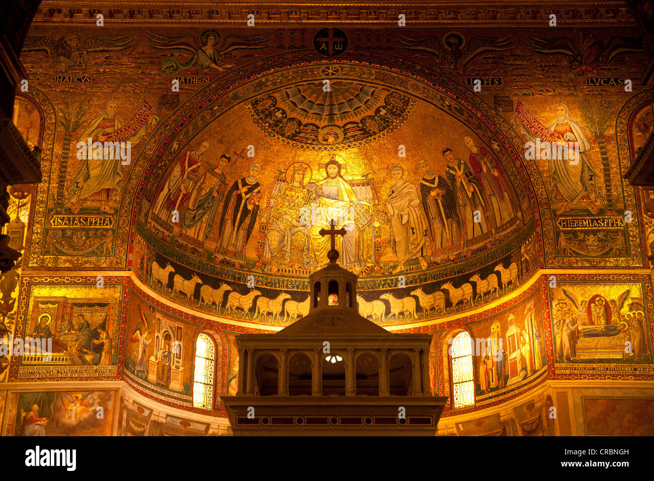 Apse with mosaics by Cavallini in the interior of the Church of Santa Maria in Trastevere in ...