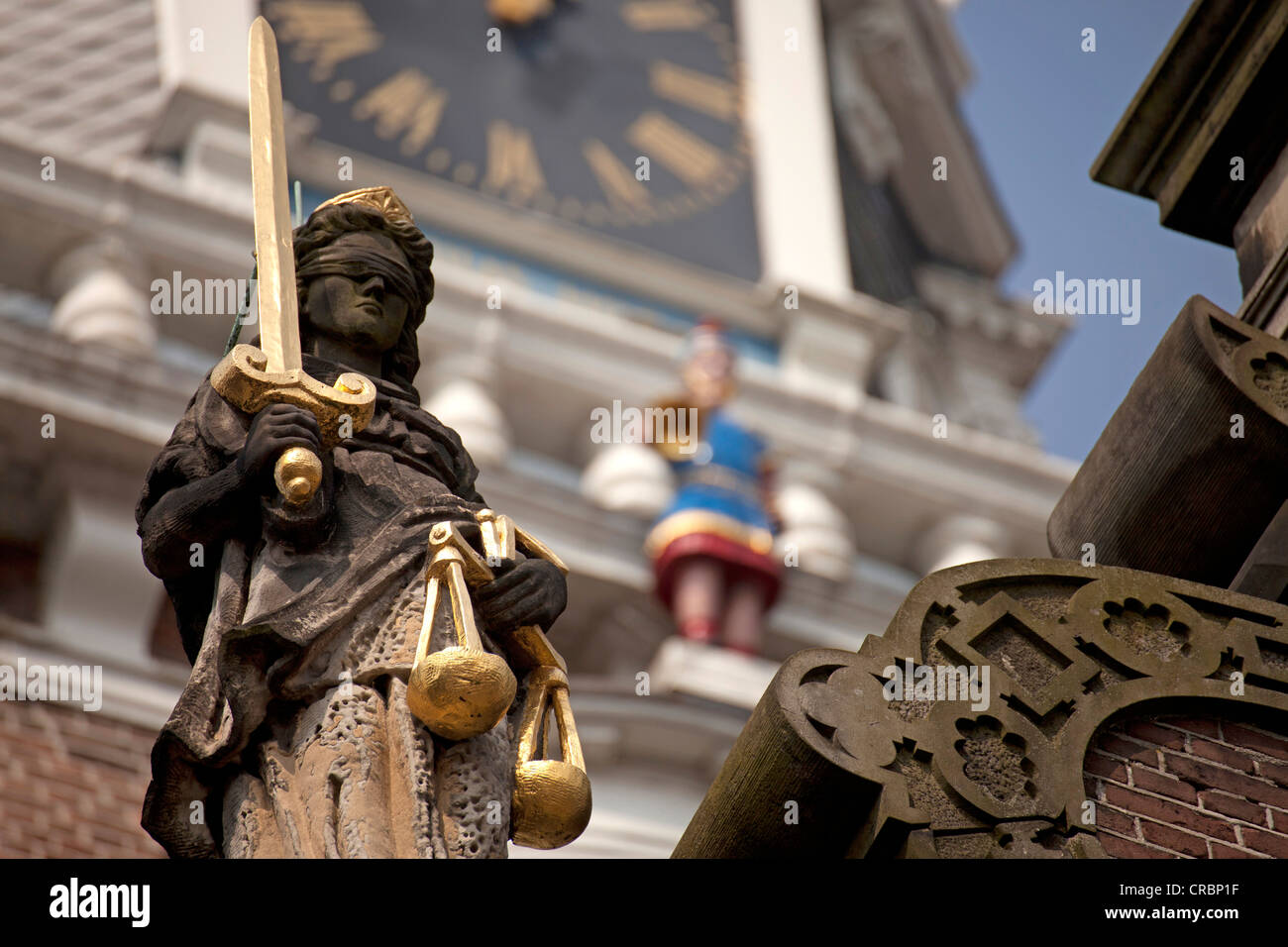 Justice statue at the gable of the former weigh building, now Holland ...
