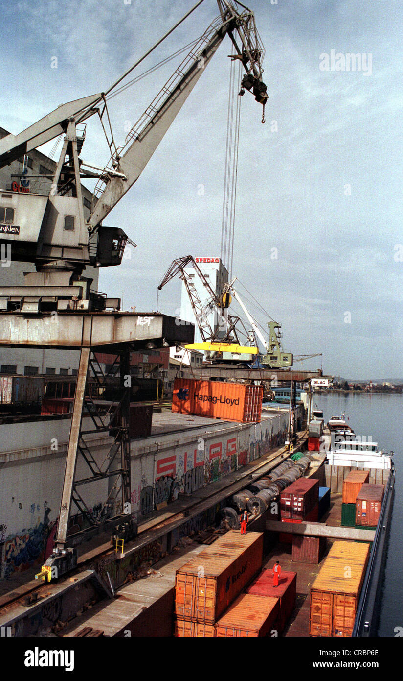 Loading a barge with containers, Basel (Switzerland Stock Photo - Alamy