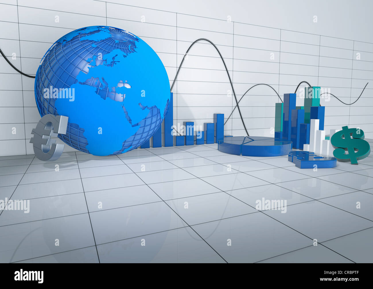 3d Abstract Room with Economy Related Objects on isolated white grid ...