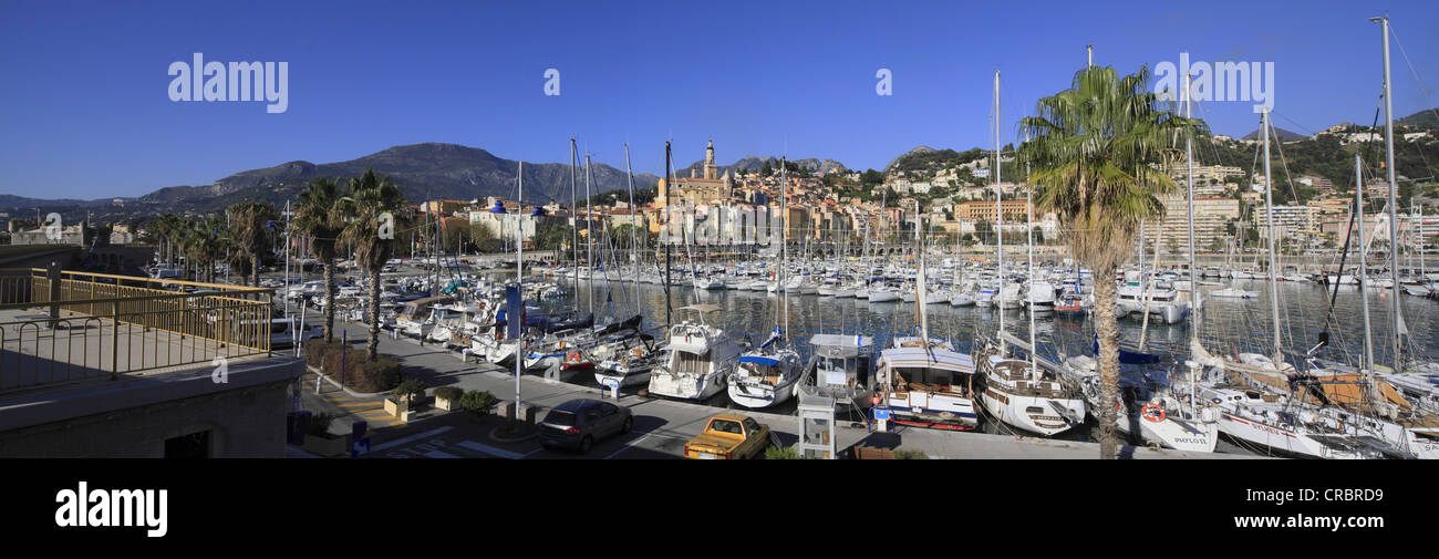 Panoramic view of the old harbour and the historic centre of Menton ...