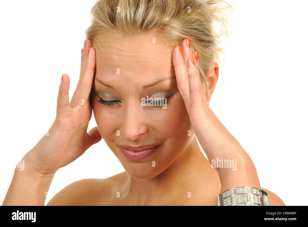 Young woman, unable to cope, stressed out, irritated, headache ...