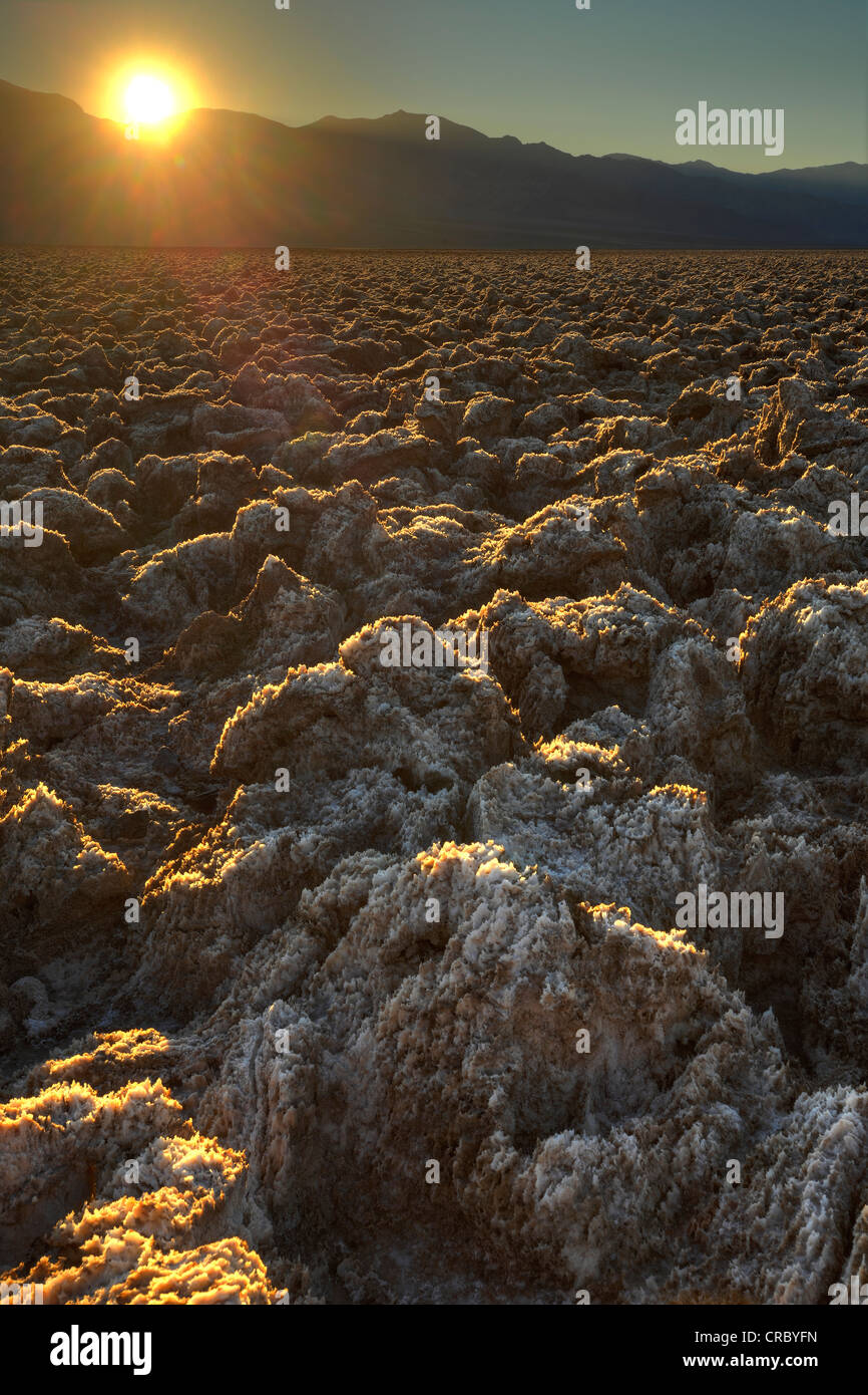 Salt crusts on the Devil's Golf Course, sunset, dusk, Panamint Range ...