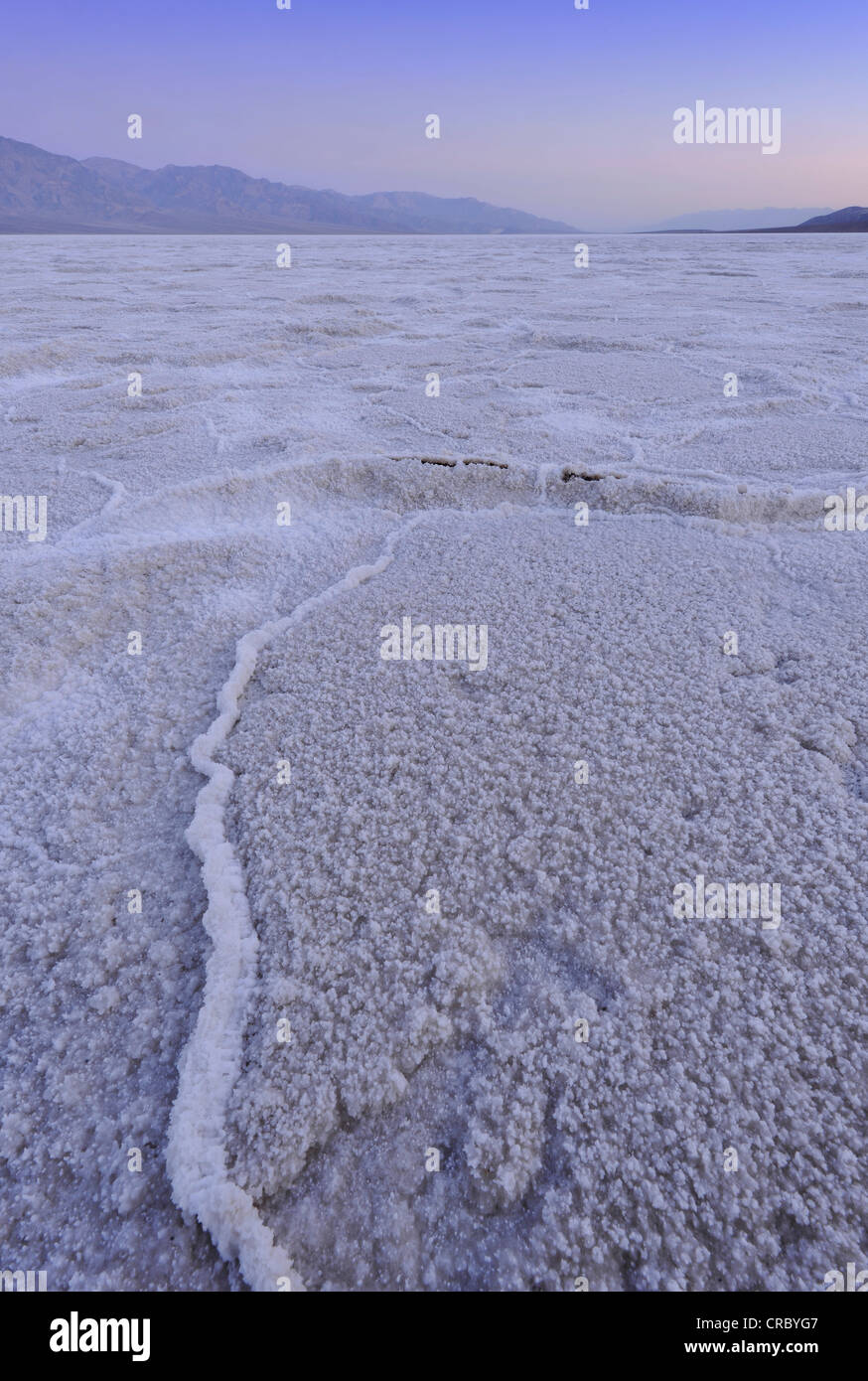 Salt pan, salt crystals, before sunrise in the Badwater Basin, dawn ...