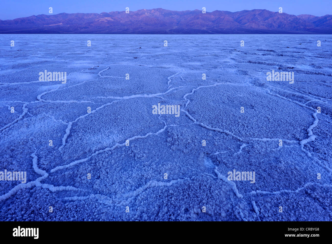 Salt pan, salt crystals, before sunrise in the Badwater Basin, dawn ...