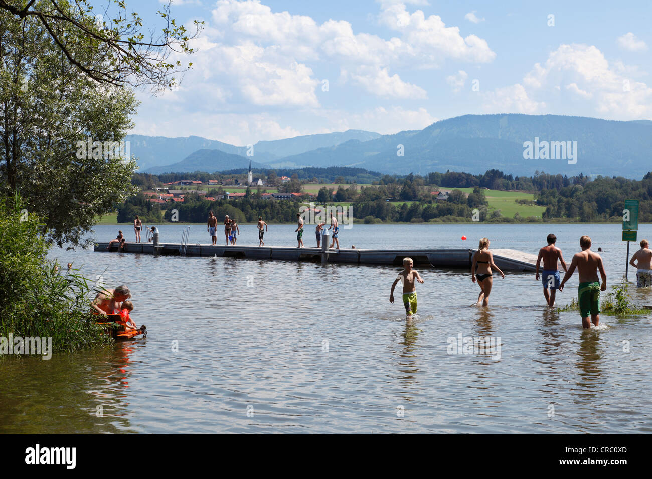 Simssee lake near Stephanskirchen, Neukirchen at back, Chiemgau, Upper ...