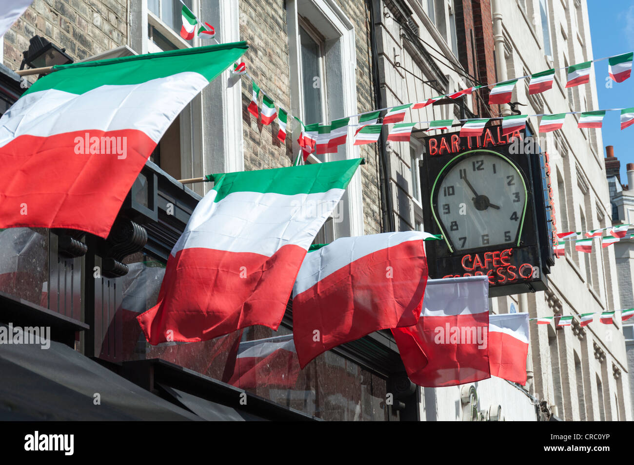 Bar Italia Frith Street Soho London UK with italian flags flying and ...
