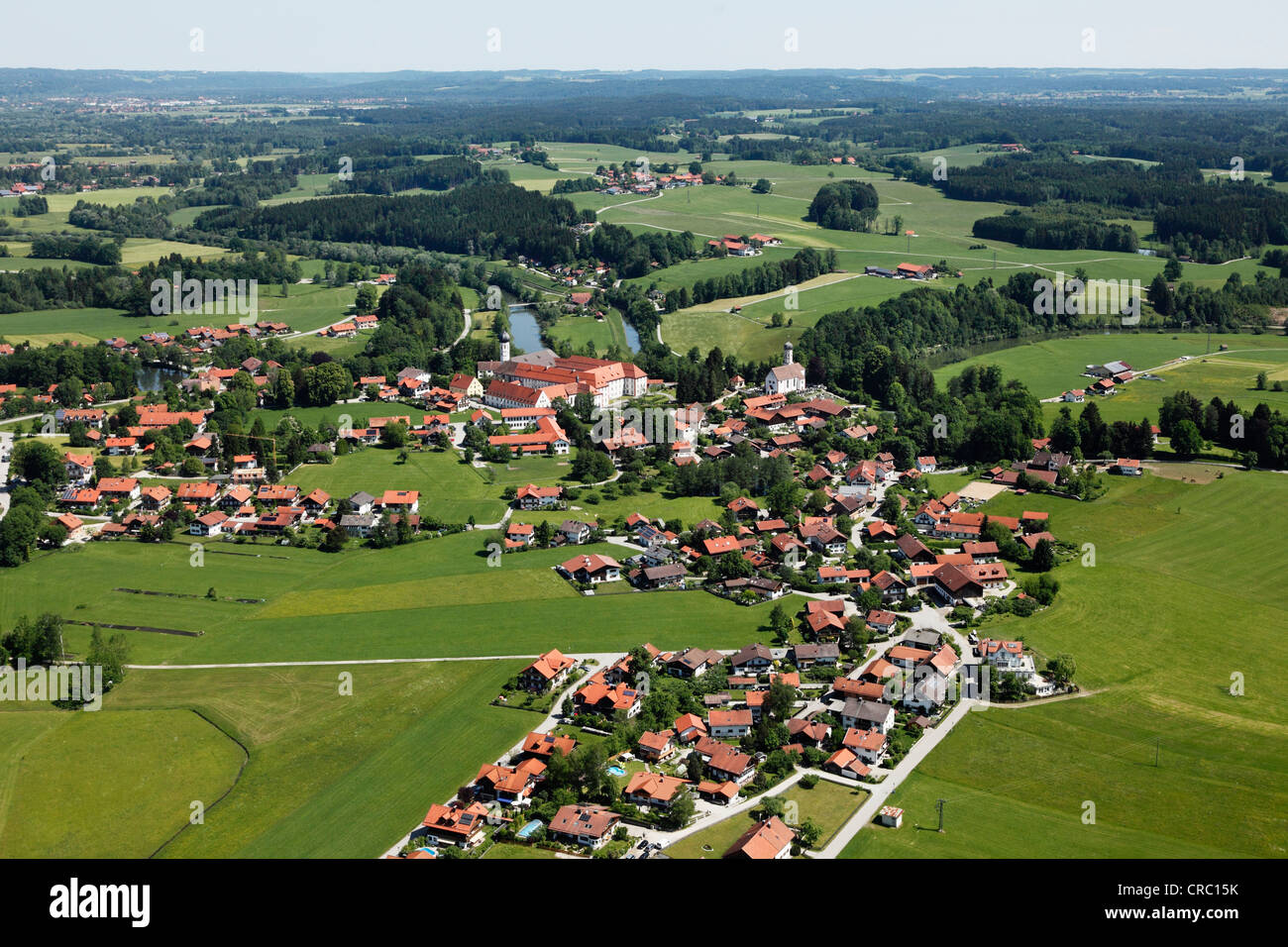 Monastery and Loisach river in Beuerberg, Eurasburg area, aerial view ...