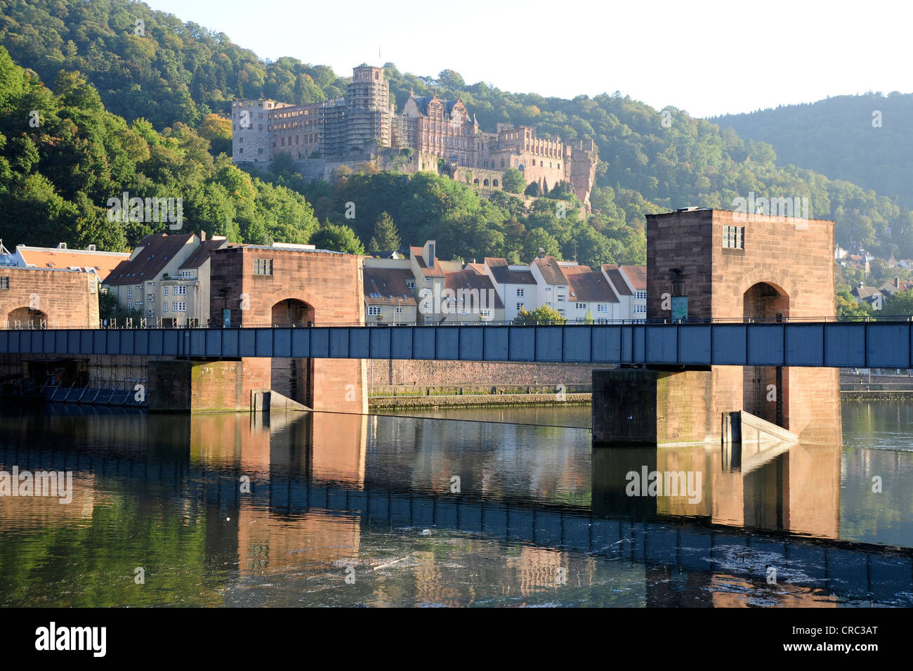 Wehrsteg bridge crossing the Neckar river, at back the Heidelberg ...