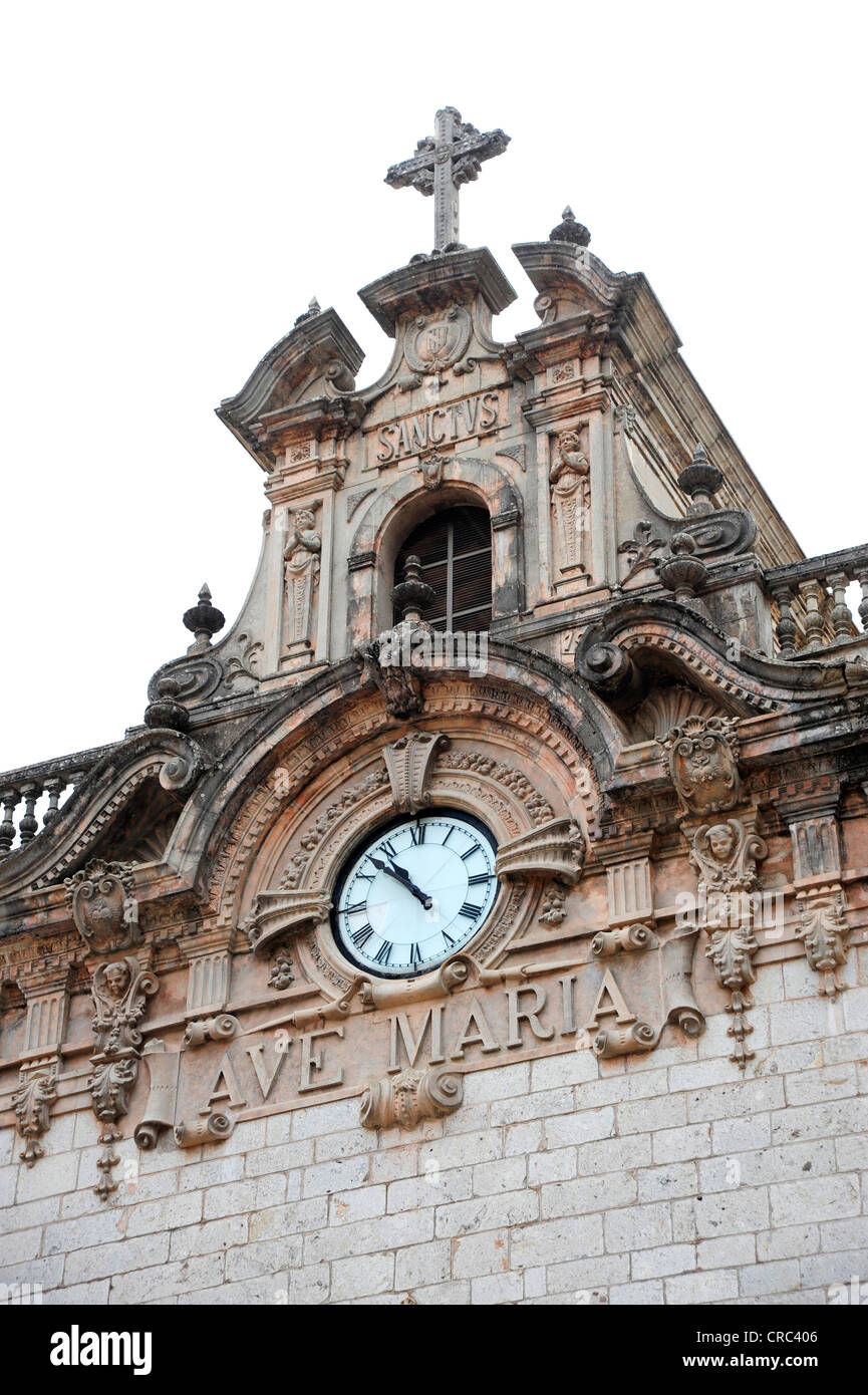 Ave Maria lettering, clock in the courtyard, monastery Santuari de Lluc ...