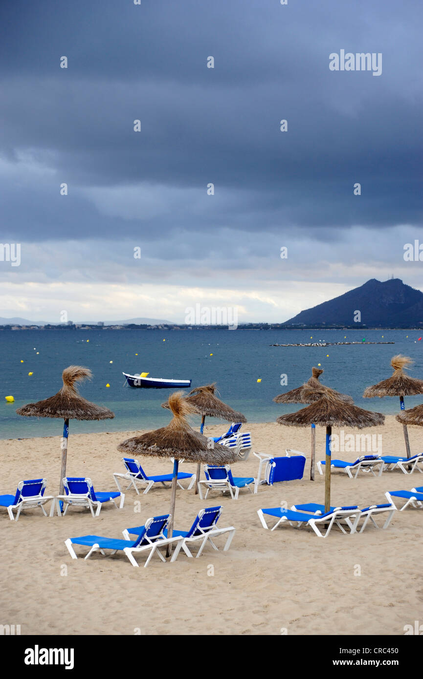 Sunbeds and parasols on a beach, overcast sky, Puerto de Pollensa, Port ...