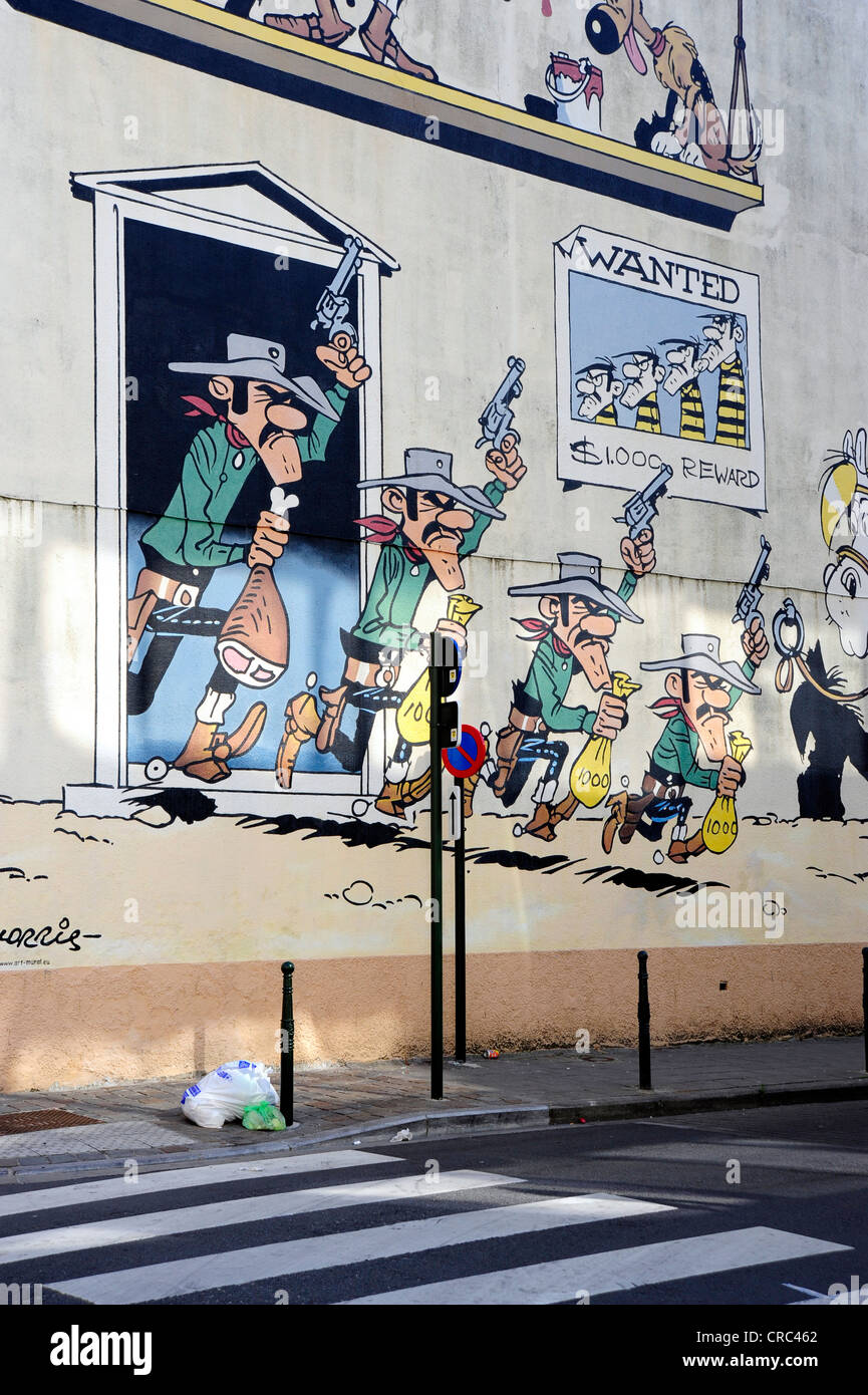 The Daltons designed by Morris, comic characters on the facade of a ...