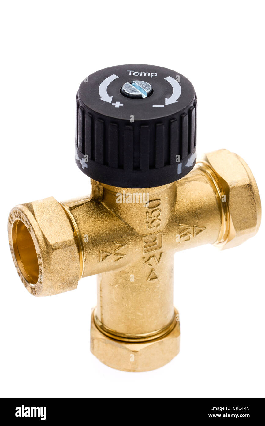 Three way mixing valve for hot water production Stock Photo - Alamy