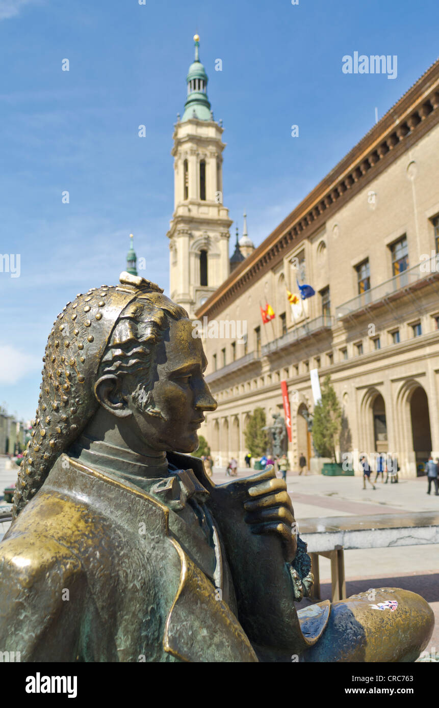 Goyesca sculpture detail at Pilar's Basilic square with Town hall ...